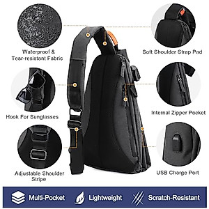 SUNMOP Small Black Sling Crossbody Backpack Shoulder Bag for Men Women, Lightweight One Strap Backpack Sling Bag for Hiking Walking Biking Travel Cycling USB Charger Port