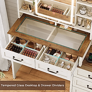 BTHFST Farmhouse Vanity with Glass Top & Charging Station, Vanity Desk with Touch Screen Mirror and Lights, Makeup Vanity with 5 Drawers & Shelves & Cabinet, Antique White