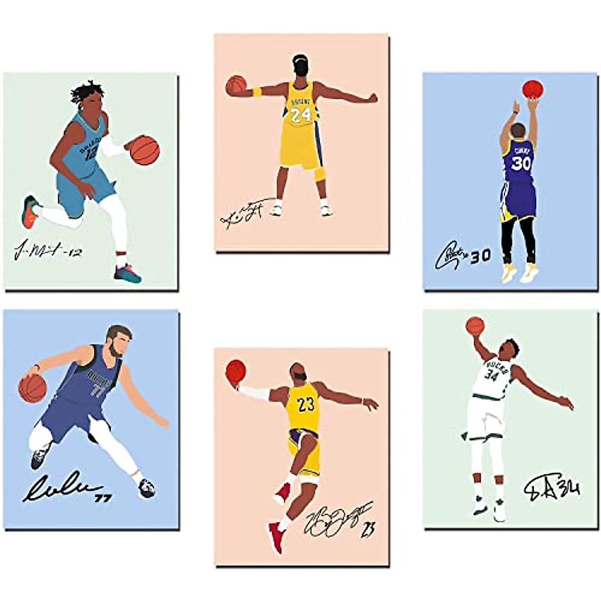 Inspirational Basketball Wall Art Prints, Abstract Basketball Stars Autograph Posters, Stephen Curry LeBron James Morant Giannis Canvas Art Print for Man Cave Boys Room Decor, 6 Set-(8"x10" Unframed)