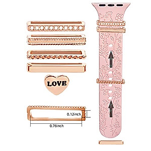 OULRAEFS Apple Watch Band with Charms (iWatch Bands Included) Compatible with Apple Watch Bands 38mm 40mm 41mm Series 8 7 SE 6 5 4 3 2 1 Floral Engraved Silicone Bands with Decorative Ring Loops Accessories, Pink