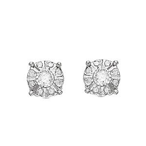 Beyond Brilliance 1/10 Carat Diamond, Illusion-Set Sterling Silver Round Composite Diamond Stud Earrings Natural Diamond Earrings For Women, Gift Box Included