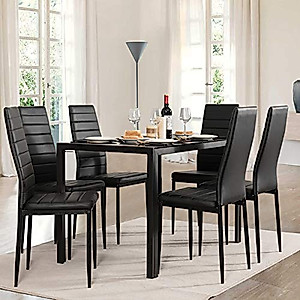 Giantex Kitchen Dining Table Set, Glass Tabletop Dining Room Set with Leather Padded 6 Chairs, Rectangular Modern Metal Frame Table for Dining Room, Kitchen, Dinette, Compact Space, Black