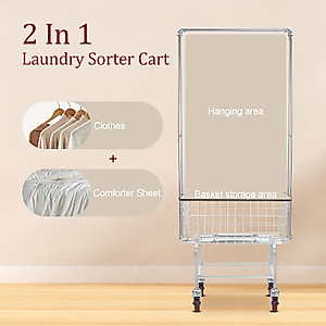 Wire Laundry Cart with Hanging Rack, Wire Laundry Basket With Wheels 27''x22''x67'', Commercial Wire Laundry Basket Cart With drying rod, Galvanized Steel Frame with 5'' Casters, Wire Basket Cart