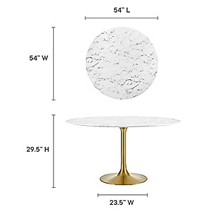 Modway Lippa 54" Mid-Century Dining Table with Round Artificial Marble Top in Gold White