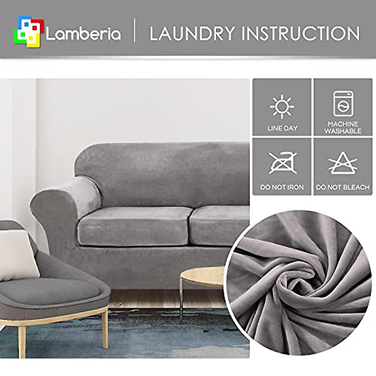 Lamberia High Stretch Sofa Cover for 3 Cushion Couch 4 Pieces Thick &Washable Plush Velvet Sofa Slipcover Couch Cover Furniture Protector for Dogs,Pets&Kids(Sofa-L,Silvergray)