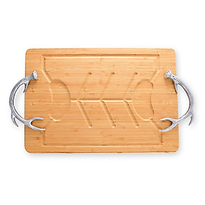 Arthur Court Aluminum Metal Antler Handle on Wood Carving/Cheese Board Large Tray for Serving Meats or Appetizer 23.5 inch Long x 13 inch Wide