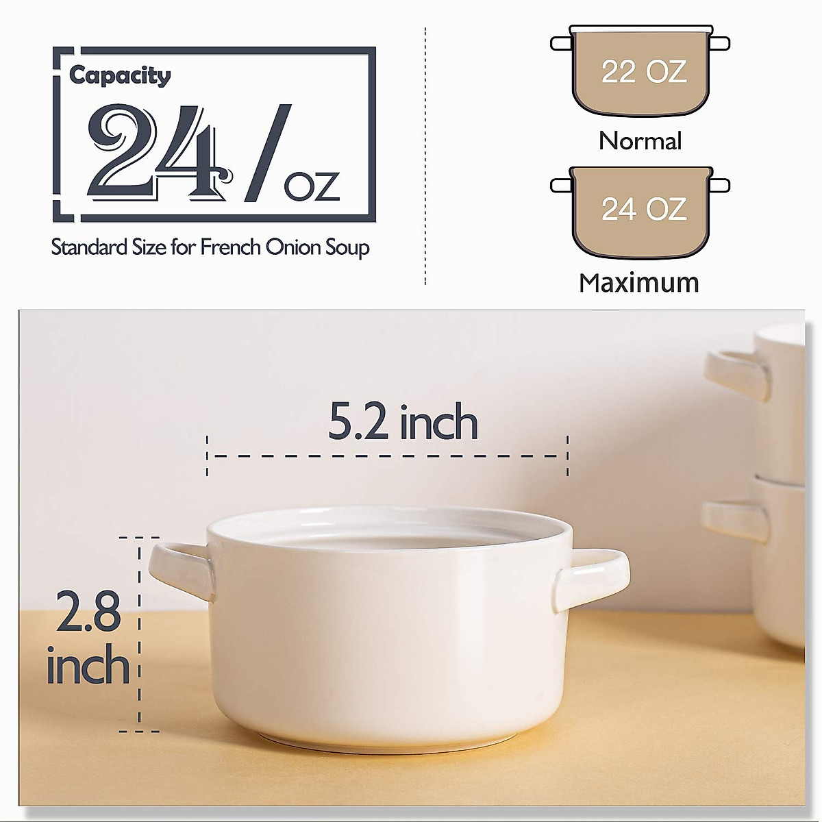 DELLING Set of 6 Soup Bowls with Handles, 24 Oz Large Serving Soup Bowl Set 10 inch White Dinner Plates Set, Porcelain Dessert