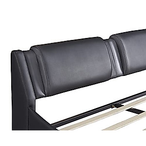 BIADNBZ Full Size Wavy Platform Bed with Adjustable LED Light, Modern Upholstered Faux Leather Bedframe for Kids w/Wooden Slats Support, No Box Spring Needed, Easy Assembly, Black