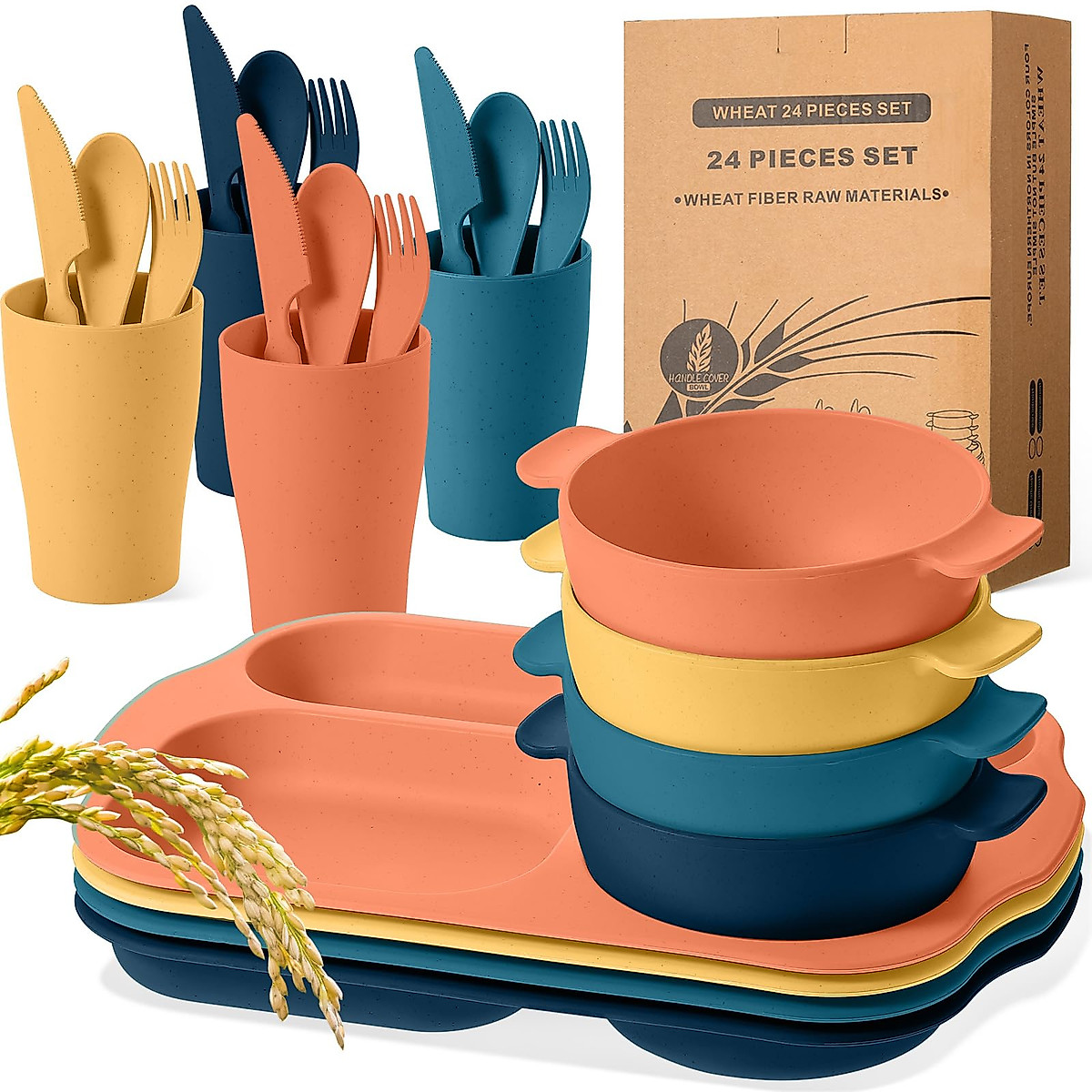 Honoson 24 Pcs Wheat Straw Dinnerware Cutlery Set Including Divided Plates Microwave Dishwasher Safe Bowl Unbreakable Tableware Straw Cutlery Spoon Knife Fork Cup(Bright Color)