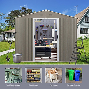 Morflys 8x10ft Outdoor Metal Storage Shed Large Garden Tool Metal Shed with Sloping Roof and Double Lockable Door, Outdoor Shed for Backyard Garden Patio Lawn, Brown