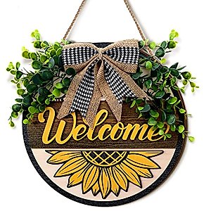 Sunflower Welcome Sign for Front Door Porch Decor Farmhouse Rustic Wreath Wall Decor with Buffalo Bow Round Wood Welcome Door Sign Hanger for Home Garden Kitchen Restaurant Shop, 12 x 12 Inches