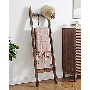 Hzuaneri Blanket Ladder - for Bedroom, Decorative Wood Quilt Rack with 4 Removable Hooks, 5-Tier Farmhouse Ladder Holder Organizer for Bathroom Living Room, Rustic Brown and Black 02101BBR