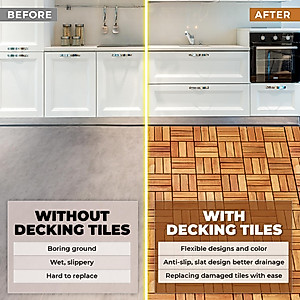 Acacia Deck Tiles (Pack of 10) - Hardwood Interlocking Patio Tiles, Outdoor Waterproof All Weather