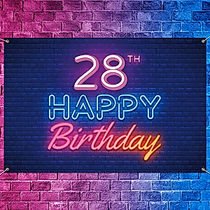 Glow Neon Happy 28th Birthday Backdrop Banner Decor Black – Colorful Glowing 28 Years Old Birthday Party Theme Decorations for Men Women Supplies