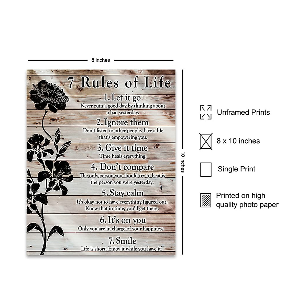 7 Rules Of Life Wall Art - Inspirational Gifts for Women, Men - Motivational Posters, 8x10 - Inspirational Wall Decor - Home Office, Bedroom, Living Room - Inspiring Positive Quotes Wall Decor