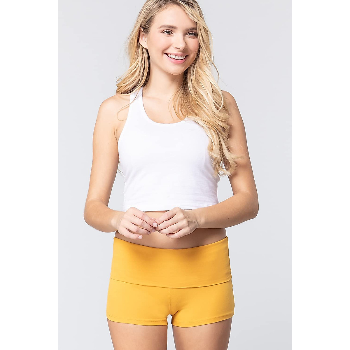 Khanomak Women's Fold Over Stretchy Sports Running Yoga Gym High Waist Cotton Shorts Ochre Mustard Small