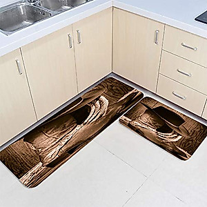 2 Pieces Kitchen Rugs and Mats Western Kitchen Rug Runners with Rubber Backing Soft Comfort Cushioned Standing Mats Wild West Themed Cowboy Hat and Old Ranching Rope On Wooden