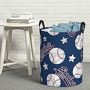 Baseball Laundry Hamper Collapsible Laundry Baskets with Handles Dirty Foldable Clothes Basket Easy Carry Laundry Bag Round Storage Basket for Bedroom Toy Blue