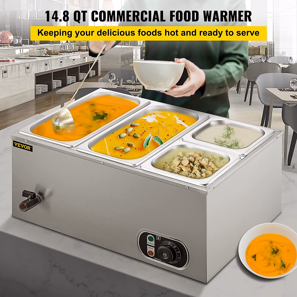 VEVOR 110V Commercial Food Warmer, 4-Pan Stainless Steel Bain Marie 14.8 Qt Capacity,1500W Steam Table 15cm/6inch Deep, Electric Soup Warmer