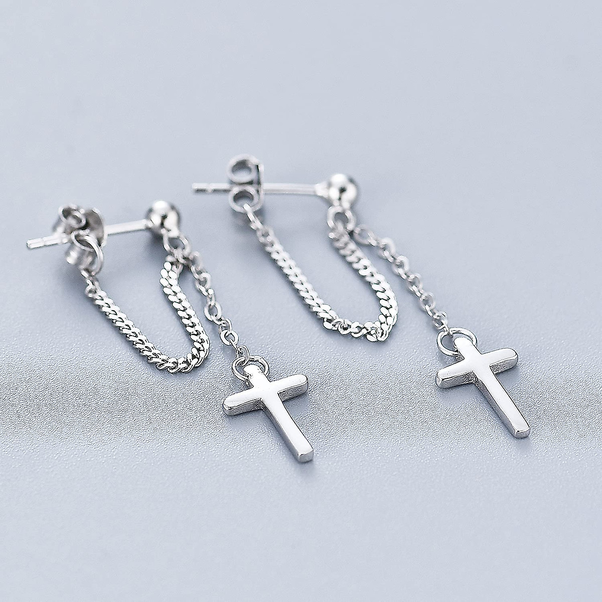 Cross Earrings Dangle Drop Chain Earring for Women Punk Goth Ball Dangling Chain Stud Earrings Silver