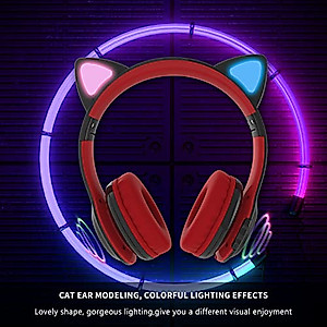 ShuQiaoSi Bluetooth Headphone Cat Ear for School with LED Light, Foldable Kids Headphones, Wired Headset with 3.5mm Microphone Volume, for iPhone/iPad//Laptop/PC/TV for Children(Black)