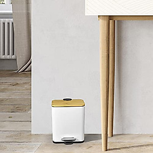 SIDIANBAN Small Trash Can with Bamboo Lid Soft Close and Foot Pedal, 1.3Gal/5L Rectangular Garbage Can with Inner Wastebasket for Bathroom,Bedroom, Office, Kitchen, Black