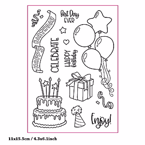 Arbuya Birthday Cake Clear Stamps for Birthday Card Making or Journaling Birthday Gift Box Balloon Banner Silicone Rubber Stamps for Scrapbooking Albums Journals Paper Crafts