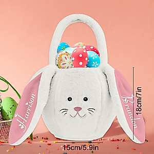 Personalized Easter Buckets with Name Custom Plush Buny Easter Basket with Handle Long Ears, Customized Egg Hunting Bags Easter Gift for Boys Girls, Easter Tote Bag for Candy（Brown）