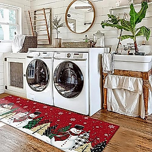 Miaklek Christmas Kitchen Rugs Anti Fatigue Mats for Kitchen Floor Cushioned Kitchen Rugs and Mats Non Slip Kitchen Runner Comfort Standing Mat, Cute Snowman Xmas Tree Winter Snowflake Red