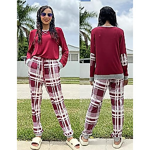 Ekouaer Women's Long Sleeve Pj Soft Crew Neck Pajama Long Sleeve Sweatshirt with Long Pants Red Plaid,Small