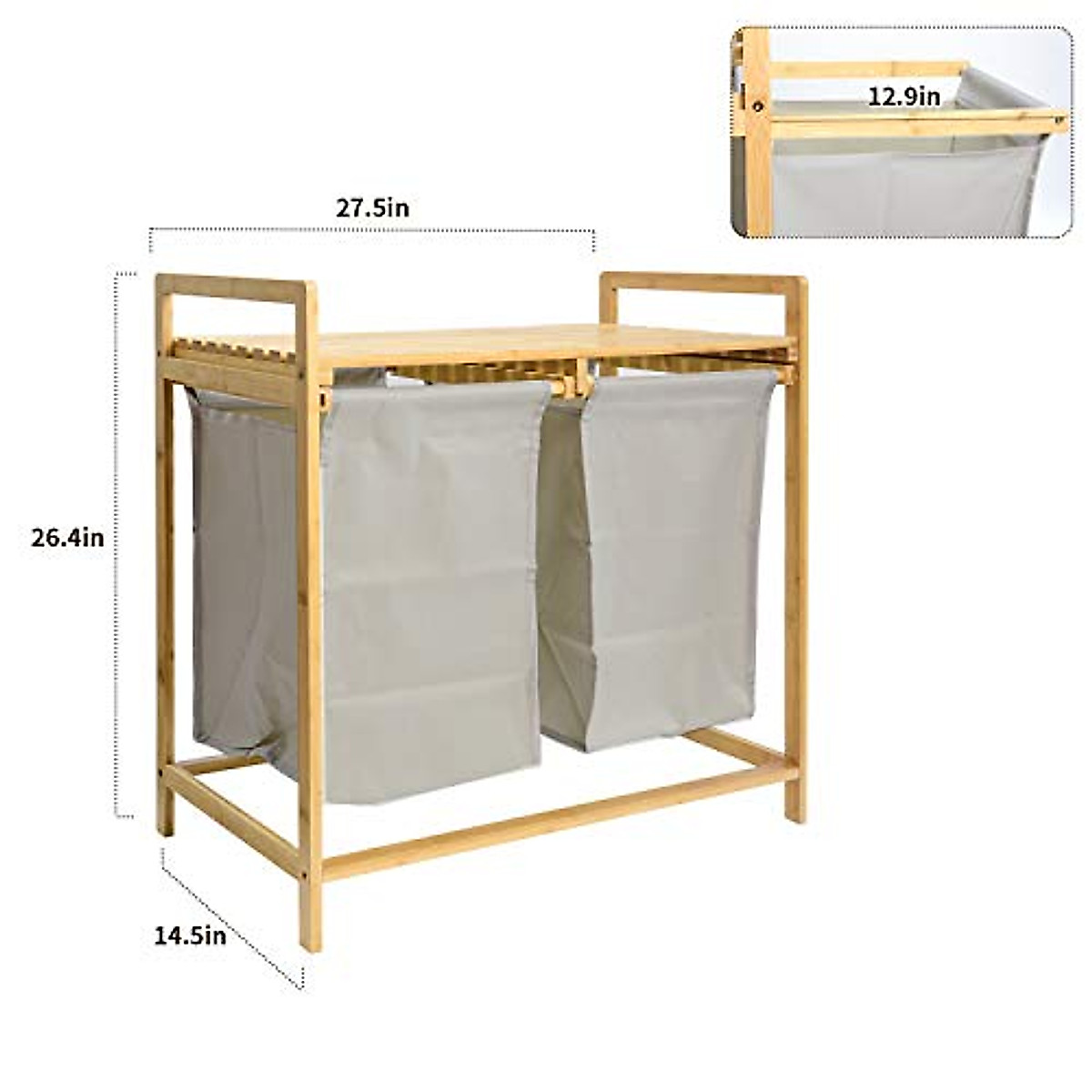 Baoz Bamboo Laundry Hamper with Shelf Freestanding Laundry Hamper 2 Section Dual Compartments Laundry Organizer with Removable Bags Space-Saving Laundry Organizer for Bathroom, Living Room, Bedroom