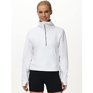 THE GYM PEOPLE Women's Half Zip Pullover Sweatshirt Fleece Stand Collar Crop Sweatshirt with Pockets Thumb Hole White