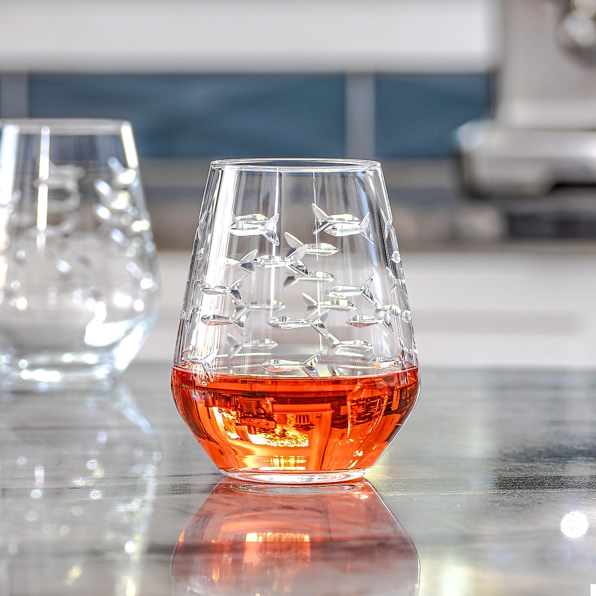 Rolf Glass | School of Fish Stemless Tumbler | 18oz Stemless Wine Glasses | Lead-Free Glass | Engraved and polished in Pennsylvania | US made (Set of 2)