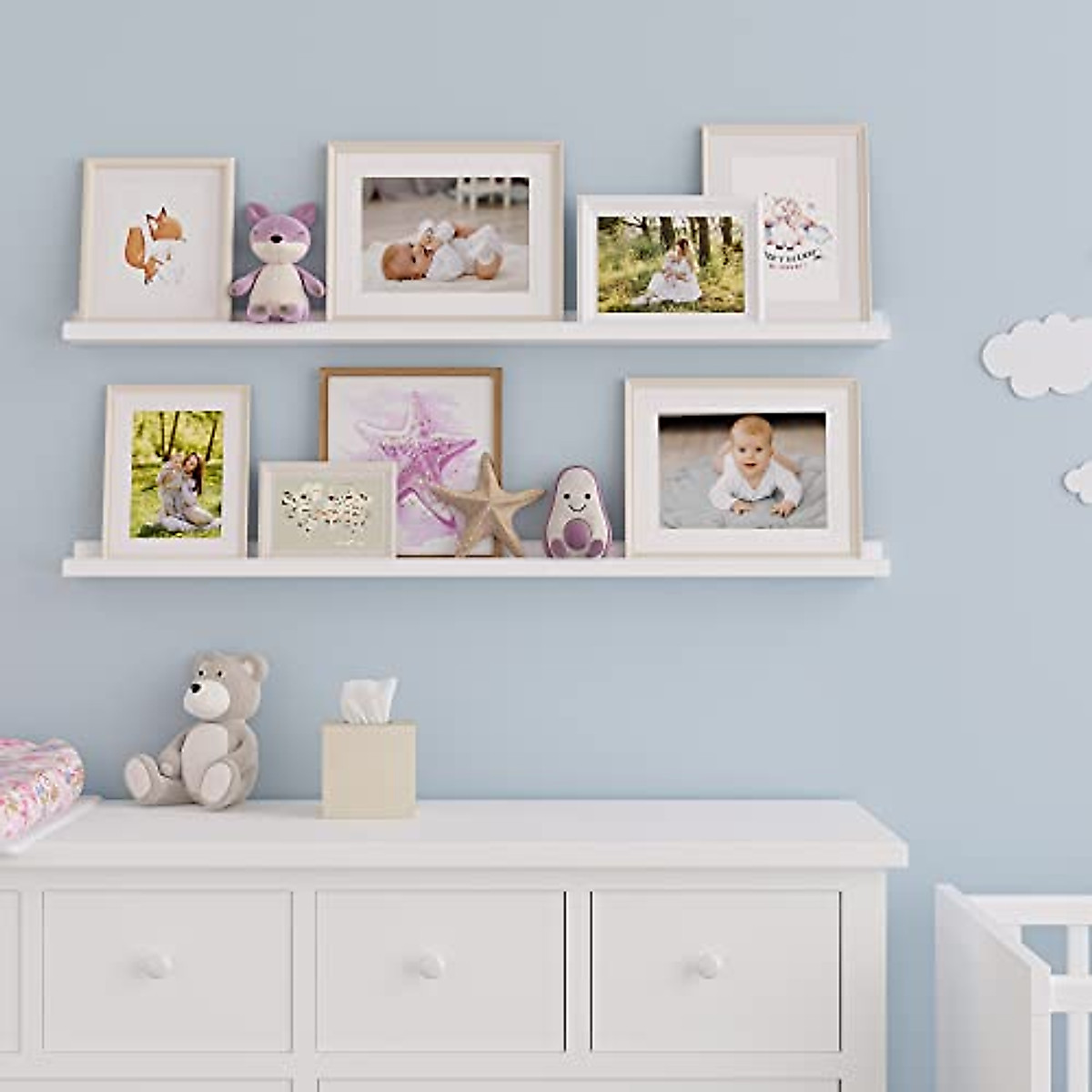 Wallniture Boston 46" Floating Shelves for Wall Decor, Photo Ledge for Living Room Decor, Floating Wall Bookshelves, Long Wall Shelves for Collage Picture Frames, White Kids Bookshelf Set of 2