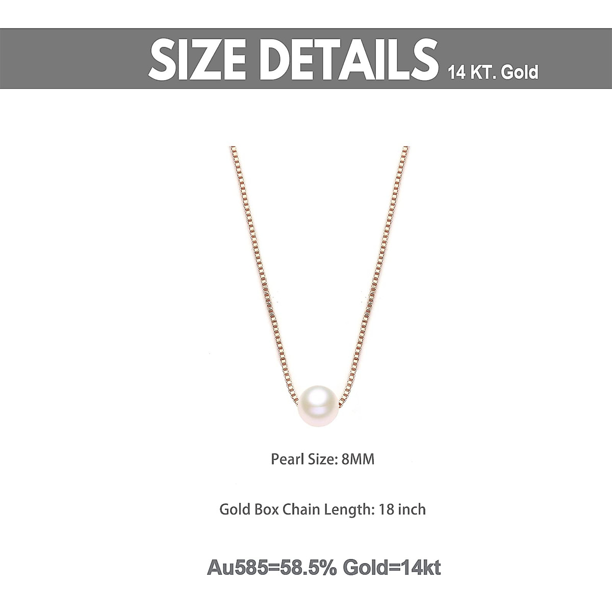 14K Yellow Gold Pearl Necklace for Women, Real Gold Durable Box Chain with Single Cultured Pearl Pendant Necklace Anniversary Birthday Gift for Her, Wife, Mother, Girl 18 Inch (Rose Gold)