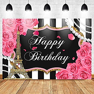Mocsicka Paris Birthday Backdrop 7x5ft Black White Stripe Pink Rose Effel Tower Happy Birthday Photo Booth Backdrops Sweet 16th Photography Studio Background