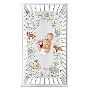 Sweet Jojo Designs Woodland Animal Toile Boy or Girl Fitted Crib Sheet Baby or Toddler Bed Nursery Photo Op - Grey, Green, and Brown Bear Deer Fox