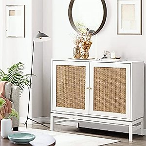 Recaceik Ratten Sideboard Buffet Cabinet/Console Table, Natural Accent Storage Cabinet with 2 Ratten Doors and Metal Legs, Rustic Wood Sideboard Furniture for Bedroom, Kitchen