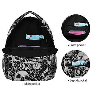 ZZKKO Floral Flower Sugar Skull Black and White Boys Girls School Computer Backpacks Book Bag Travel Hiking Camping Daypack