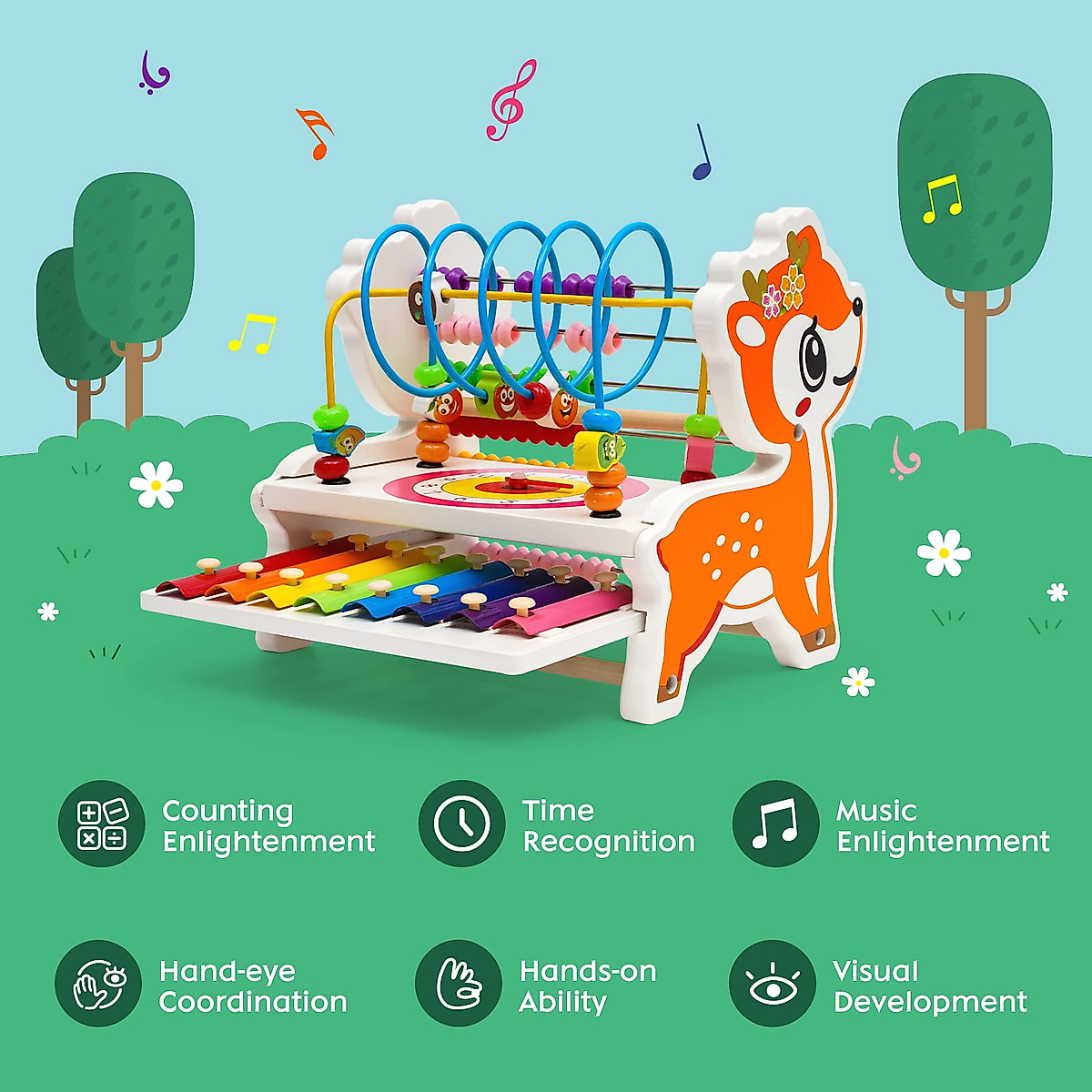 NUKied 4-in-1 Kids Baby Activity Cube Toys, Wooden Activity Center with Abacus Bead Maze Xylophone Clock Kids Toys, Developmental Educational Learning Toys for for 1 2 3 Years Old Girls Boys