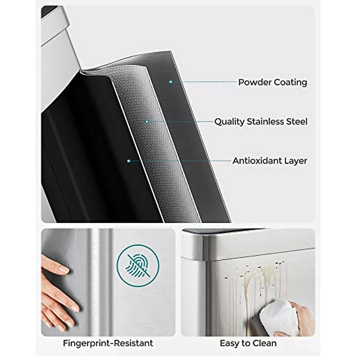 SONGMICS Kitchen Trash Can, 16 Gallons (2 x 8 Gallons) Dual Compartment Garbage Can, 60L Pedal Recycling Bin, Stay-Open Lid and Soft Closure, Stainless Steel, 15 Bags Included, Silver ULTB202E01