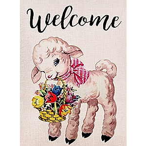Ogiselestyle Welcome Lamb Garden Flag Vertical Double Sided, Spring Lamb Floral Yard Outdoor Decoration 12.5 x 18 Inch