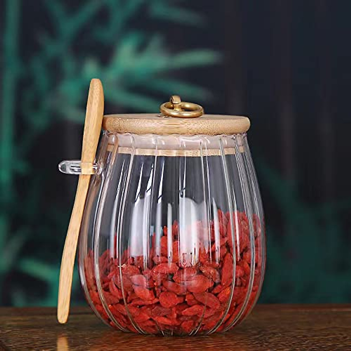 WEIRUIFANZHI 2 Pack Small Glass Coffee Jars set Canister with Bamboo Lid&spoon Petal Decorative Container with Metal Handle&scoop Airtight Storage jar Easy to Grasp for Nuts,Tea,Candy,Cookies(23.7OZ)