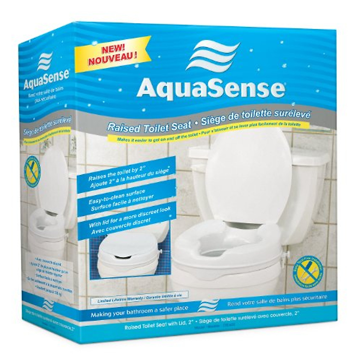 AquaSense Raised Toilet Seat with Lid, White, 2.5 Inches
