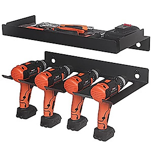 Butizone Power Tool Organizer, Wall Mount Drill Holder with Storage Shelf, Heavy Duty Metal Cordless Drill Rack for Garage, Home, Workshop, Holds 4 Drills and Batteries, Father's Day Gift