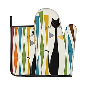 JEKYDOSD Print Mid-Century Modern Art Cat Oven Mitts and Pot Holders Sets Resistant Hot Pads with Polyester Non-Slip Gloves for Kitchen,Cooking,Baking,Grilling