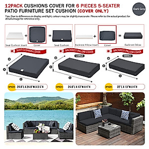 ClawsCover 12Pack Outdoor Seat and Back Cushions Replacement Covers Fit for 6Pieces 5-Seater Wicker Rattan Patio Furniture Conversation Set Sectional Couch Chairs,Dark Grey-Include Cover Only