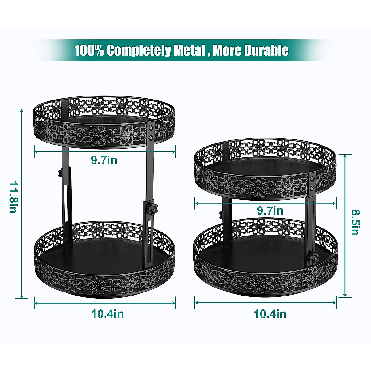 10" Lazy Susan Organizer, 2 Tier Lazy Susan Turntable for Cabinet, Countertop, Kitchen, Pantry, Height Adjustable Rotating Spice Rack Organizer with Non-Slip Pad for Dining, Countertop, Bathroom