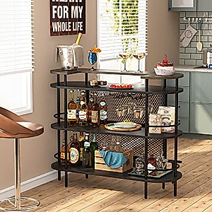Tribesigns Bar Unit for Liquor, 4 Tier Bar Table with Storage Shelves and Foot Rail, Corner Mini Bar Cabinet with Wine Glasses Holder for Home/Kitchen/Bar/Pub, Black and Walnut
