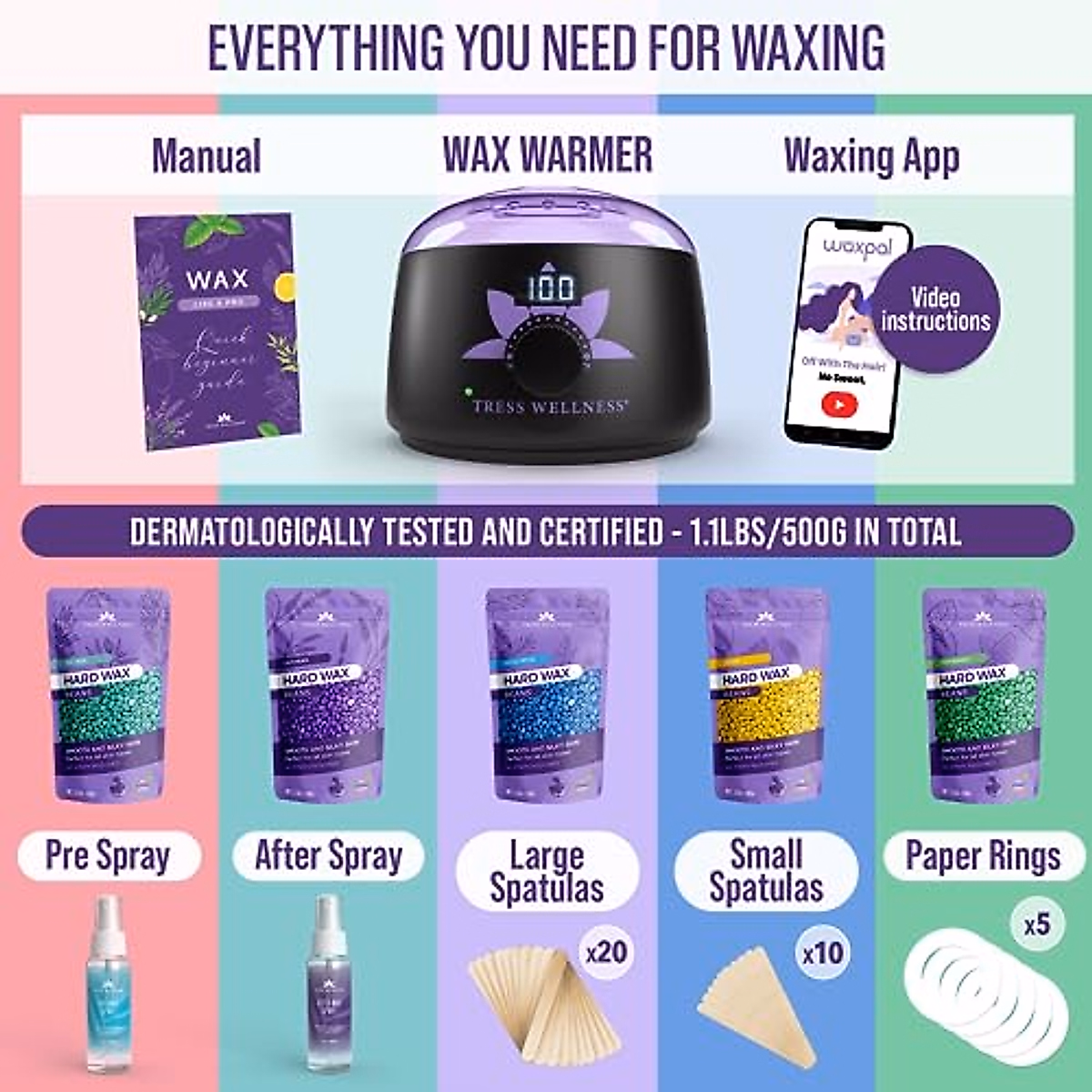 Tress Wellness Waxing Kit for Brazilian Wax - Easy to Use - For Sensitive Skin - Digital Display, Black Purple Flower